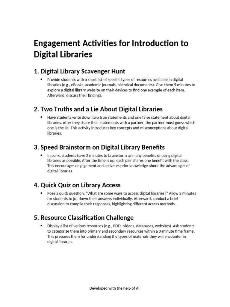 Digital Libraries Engagement Activities | PDF | Libraries | Digital Library
