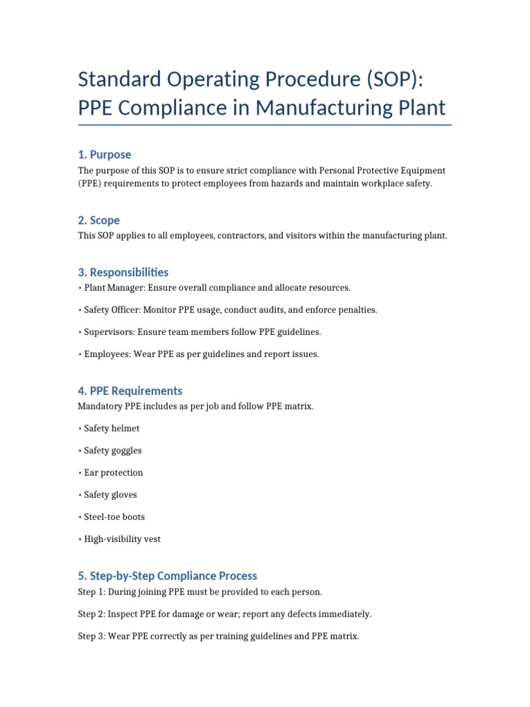PPE Compliance SOP for Manufacturing | PDF