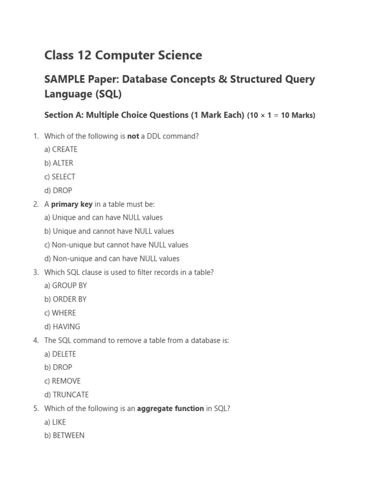 Class 12 SQL Sample Paper Guide | PDF | Sql | Data