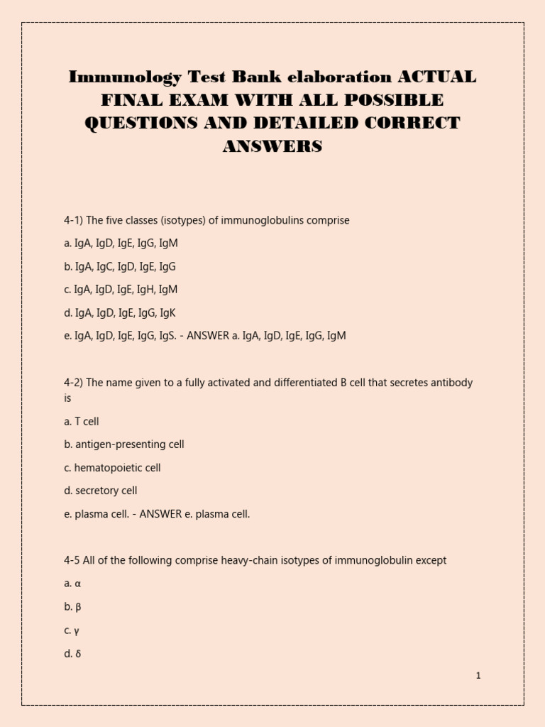 Immunology Test Bank: Final Exam Questions | PDF | Antibody | B Cell