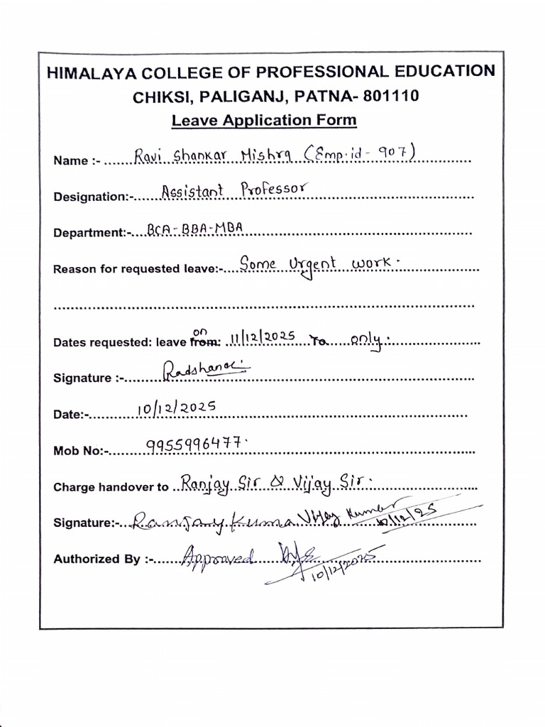 Leave Application Form for Faculty | PDF