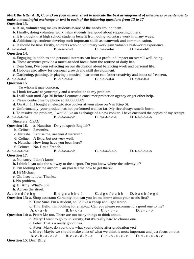 Sentence Arrangement Practice Questions | PDF | Coffee