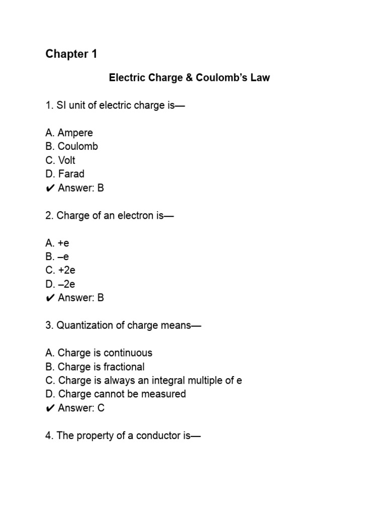 MCQs Chapter 1 Electric Charge & Coulomb’s Law | PDF | Electric Charge ...