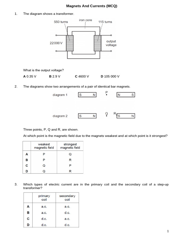 Magnetic Fields and Electric Currents MCQs | PDF | Transformer | Inductor