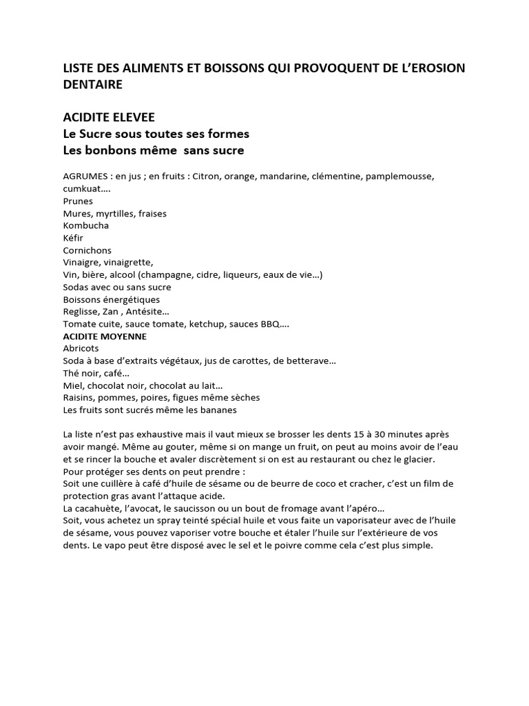 Aliments et boissons causant l'érosion dentaire | PDF