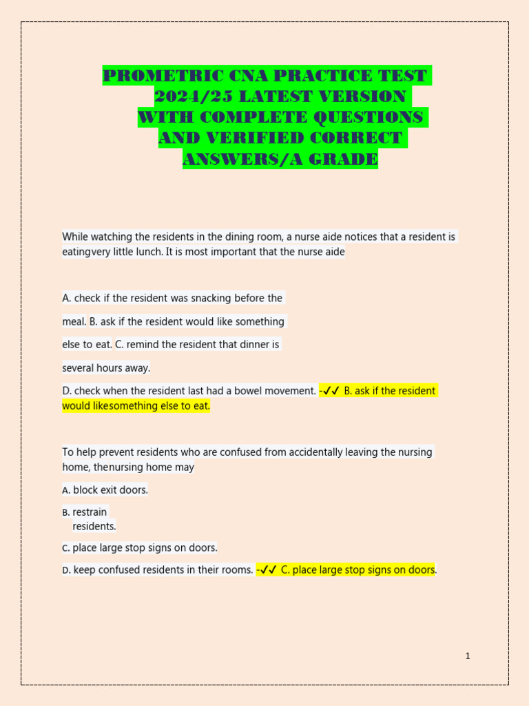 CNA Practice Test 2024/25 with Answers | PDF