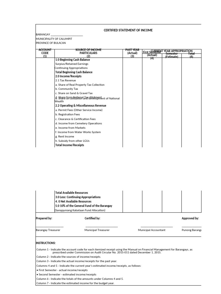 Barangay Income Statement and Budget Plan | PDF | Income | Expense