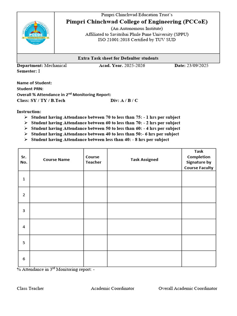Defaulter Student Task Sheet 2025-26 | PDF