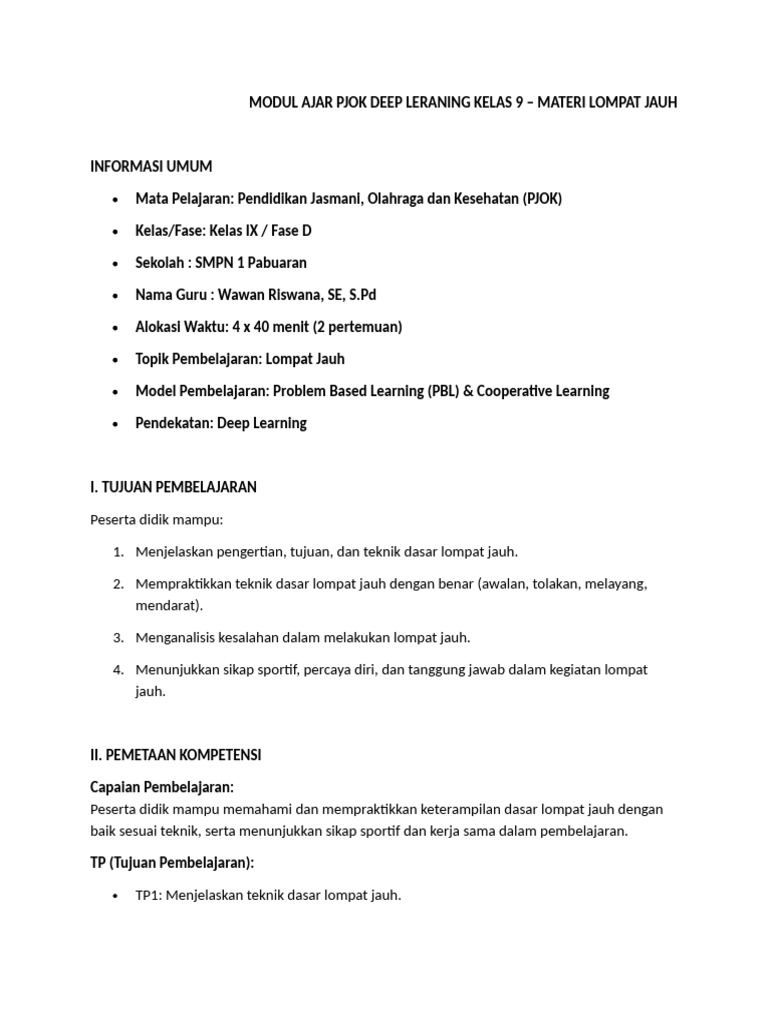 Modul Lompat Jauh PJOK Kelas 9 | PDF
