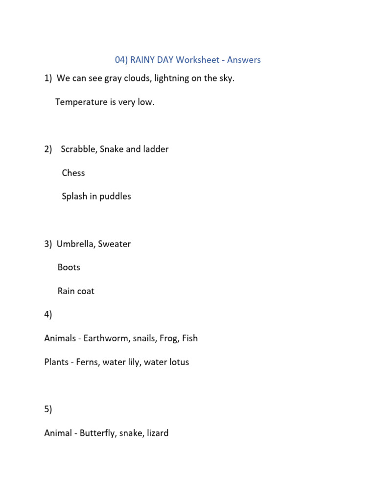 Rainy Day Worksheet Answers Guide | PDF