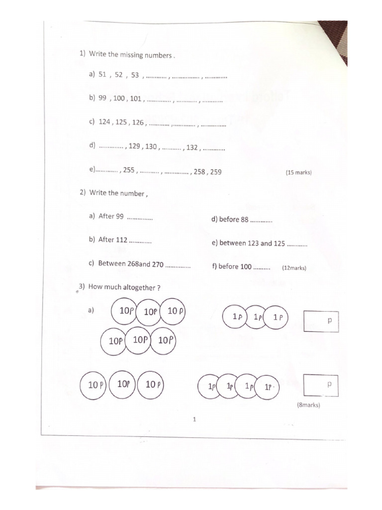 1) Write The Missing Numbers. | PDF