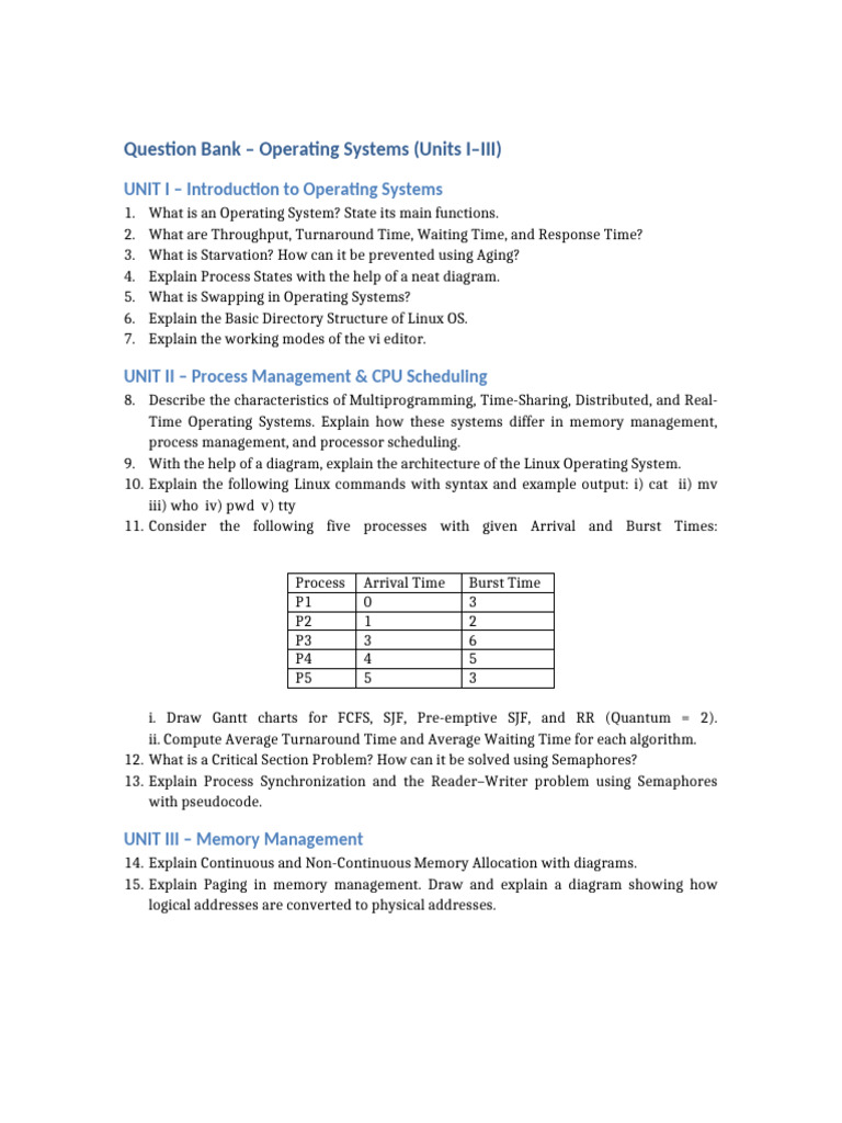 Operating System Question Bank | PDF