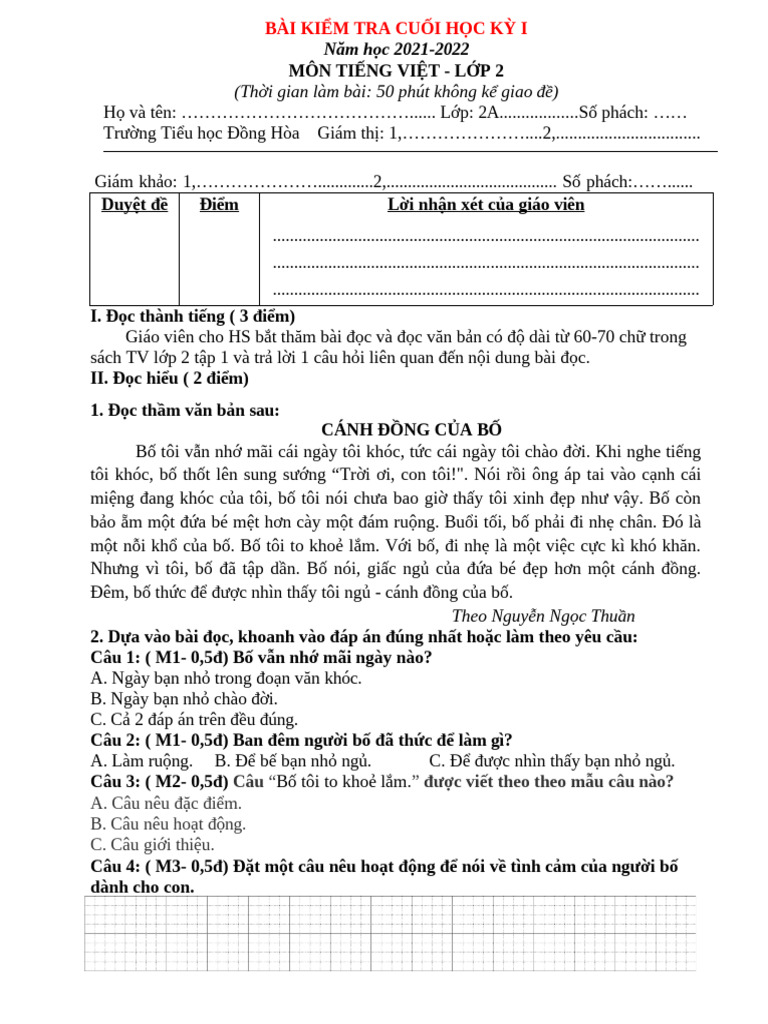 6 de Thi Hoc Ki 1 Mon Tieng Viet 2 1 | PDF