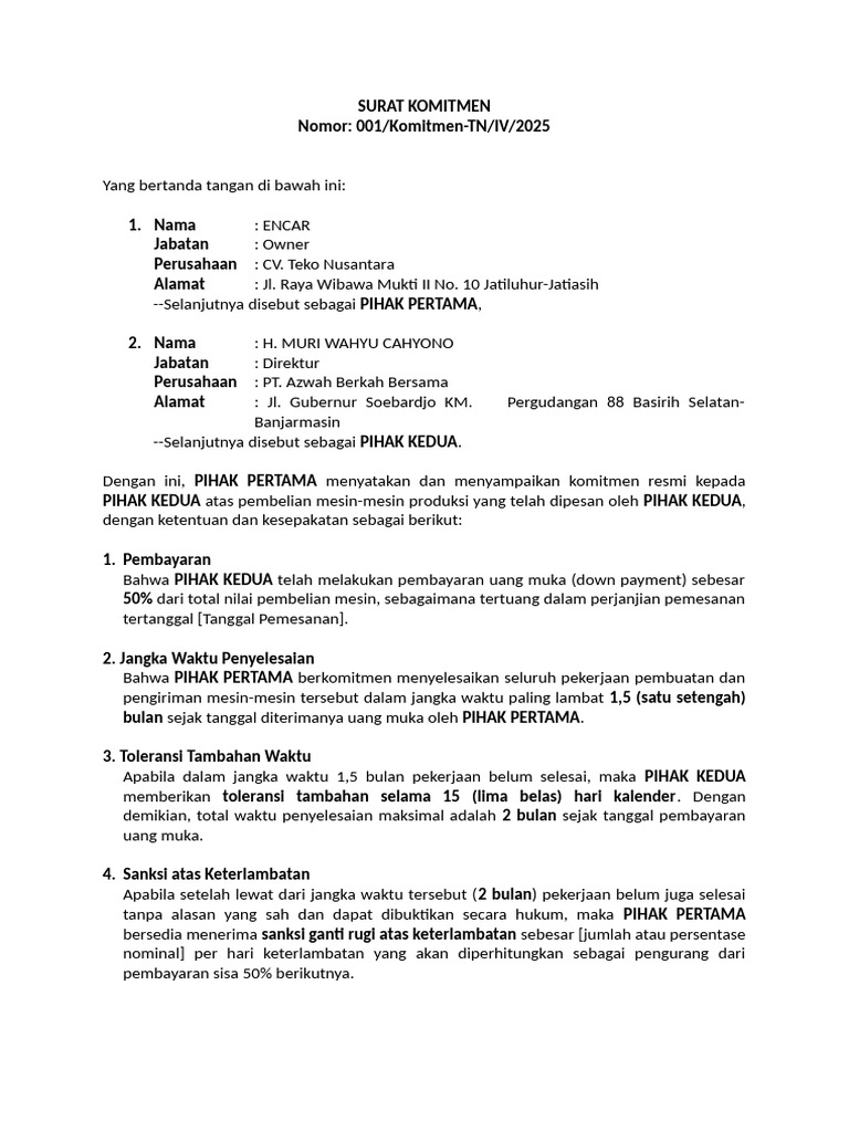 Surat Komitmen Pembelian Mesin 2025 | PDF