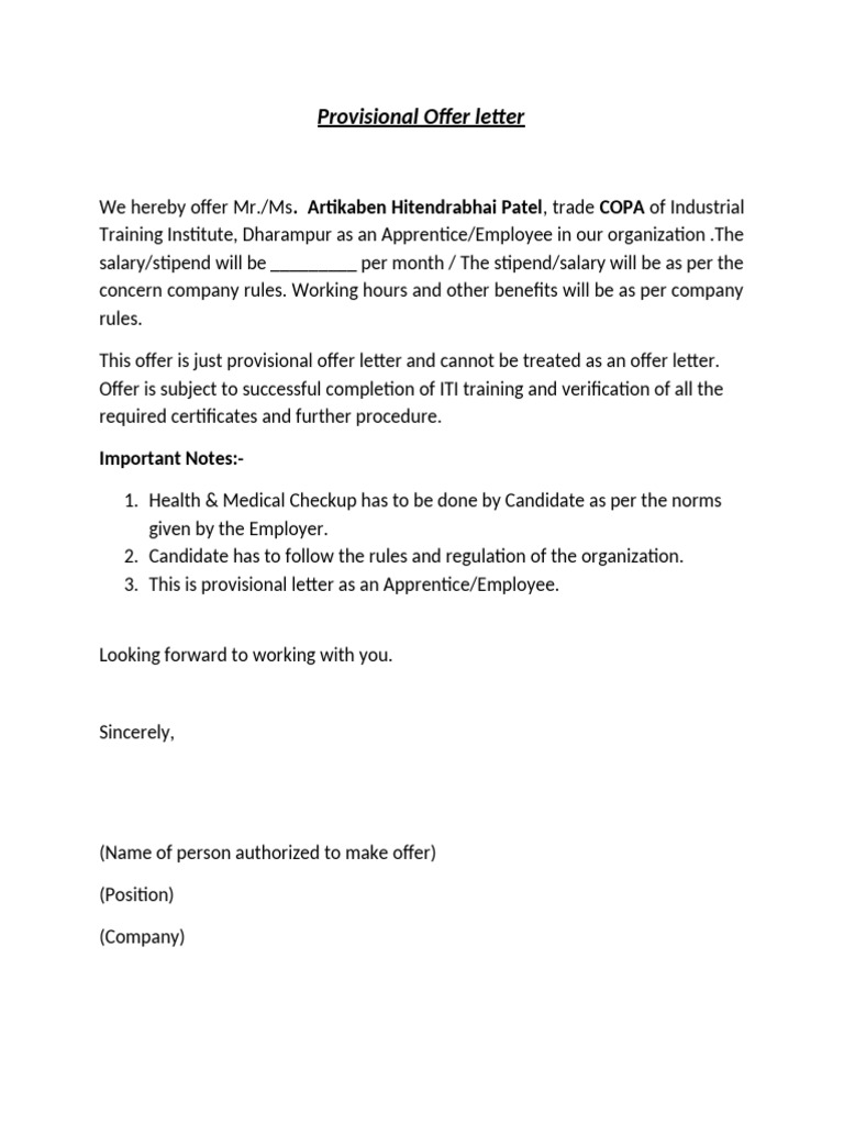Provisional Offer Letter-DHM | PDF