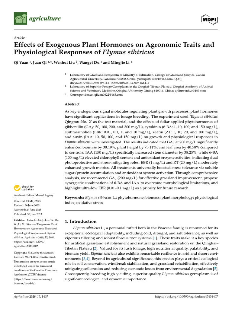 Effects of Exogenous Plant Hormones On Agronomic Traits and ...