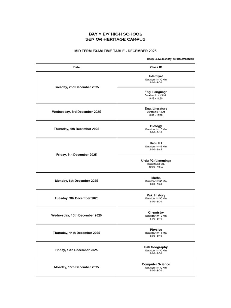 December 2025 Mid Term Exam Schedule | PDF