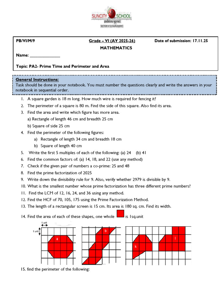 GR VI REVISION WORKSHEET - 3 Perimeter and Area and PrimeTime | PDF ...