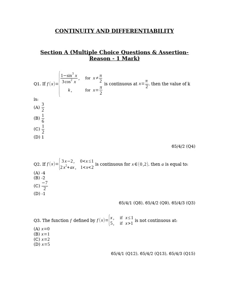 Continuity and Differentiability Questions | PDF | Mathematical ...