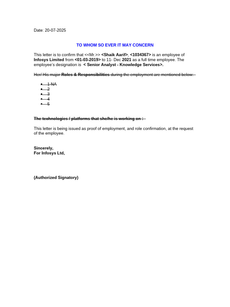 Work Experience Letter Template - Current Employees | PDF