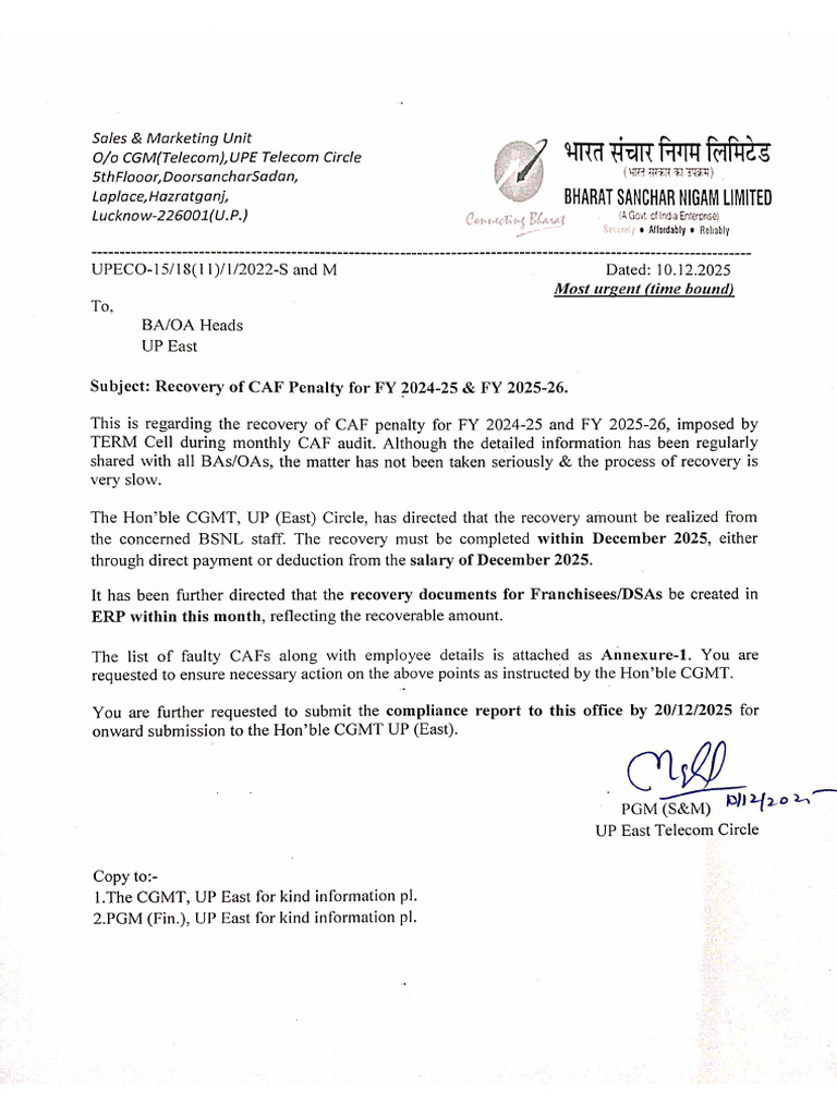 Recovery of CAF Penalty FY24-25,25-26 | PDF
