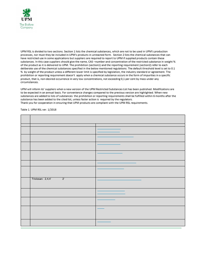 UPM Restricted Chemical Substances List | PDF | Chemical Substances ...