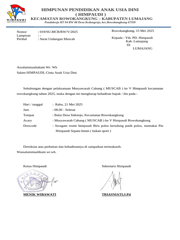 Undangan Muscab V Himpaudi Rowokangkung | PDF