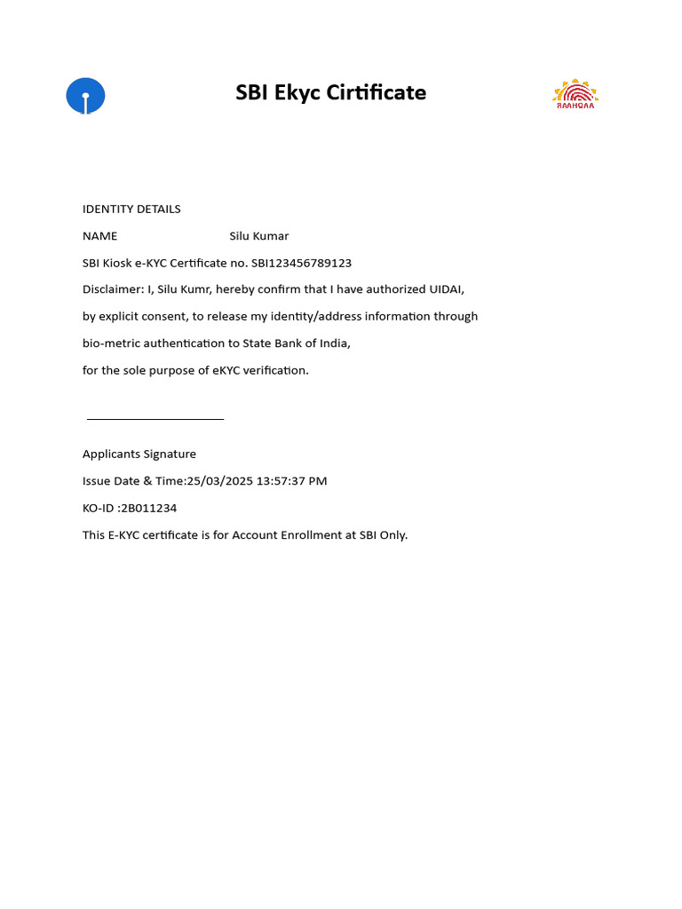 SBI e-KYC Certificate for Silu Kumar | PDF