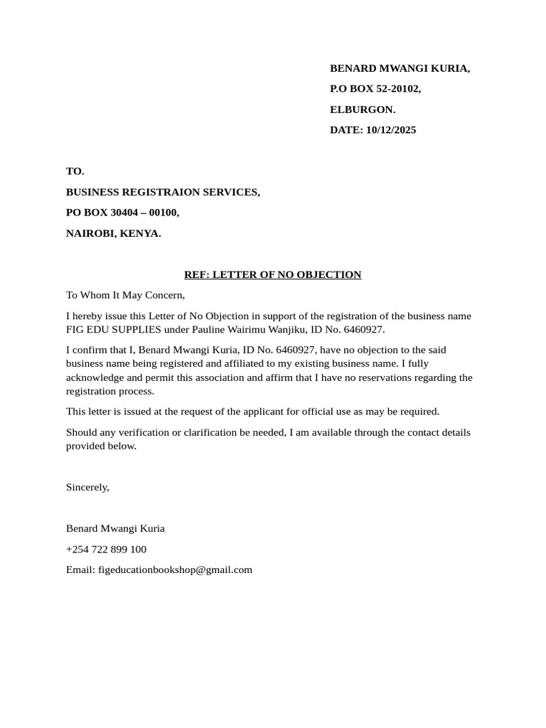 BENARD MWANGI KURIA Letter of No Objection | PDF