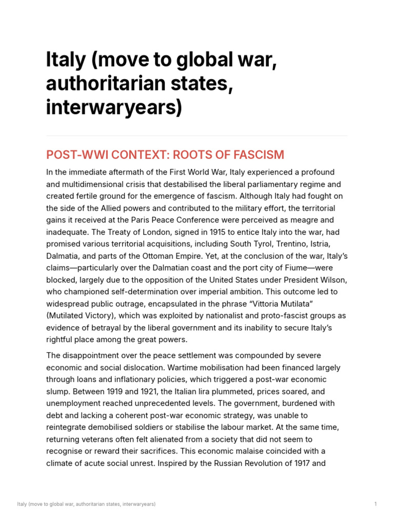 Italy Global War, Authoritarian, Interwar | PDF | Fascism | Benito ...