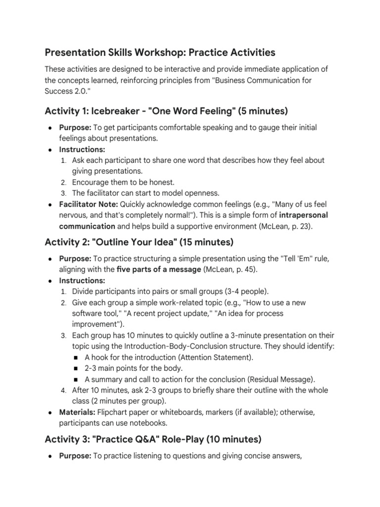 2025_Presentation Skills Workshop_ Practice Activities | PDF | Communication | Human Communication