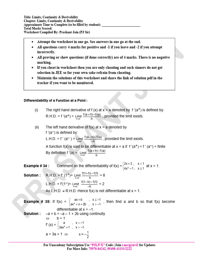 Worksheet-6DifferentiabilityConceptofTangent | PDF | Tangent | Slope