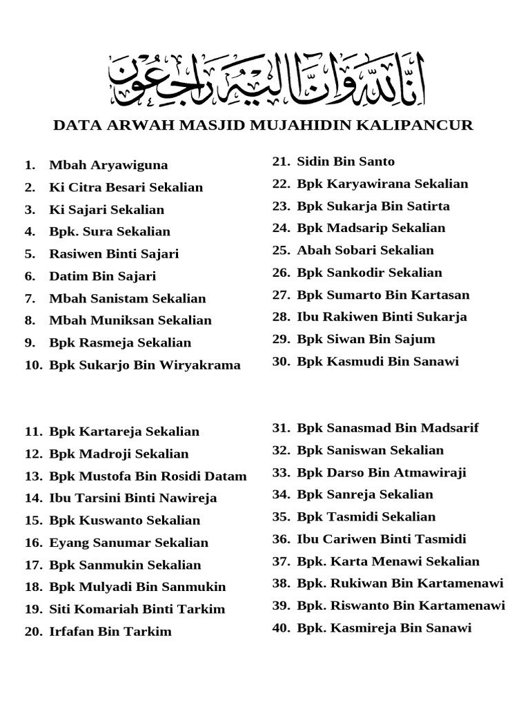 Data Arwah Masjid Mujahidin Kalipancur | PDF