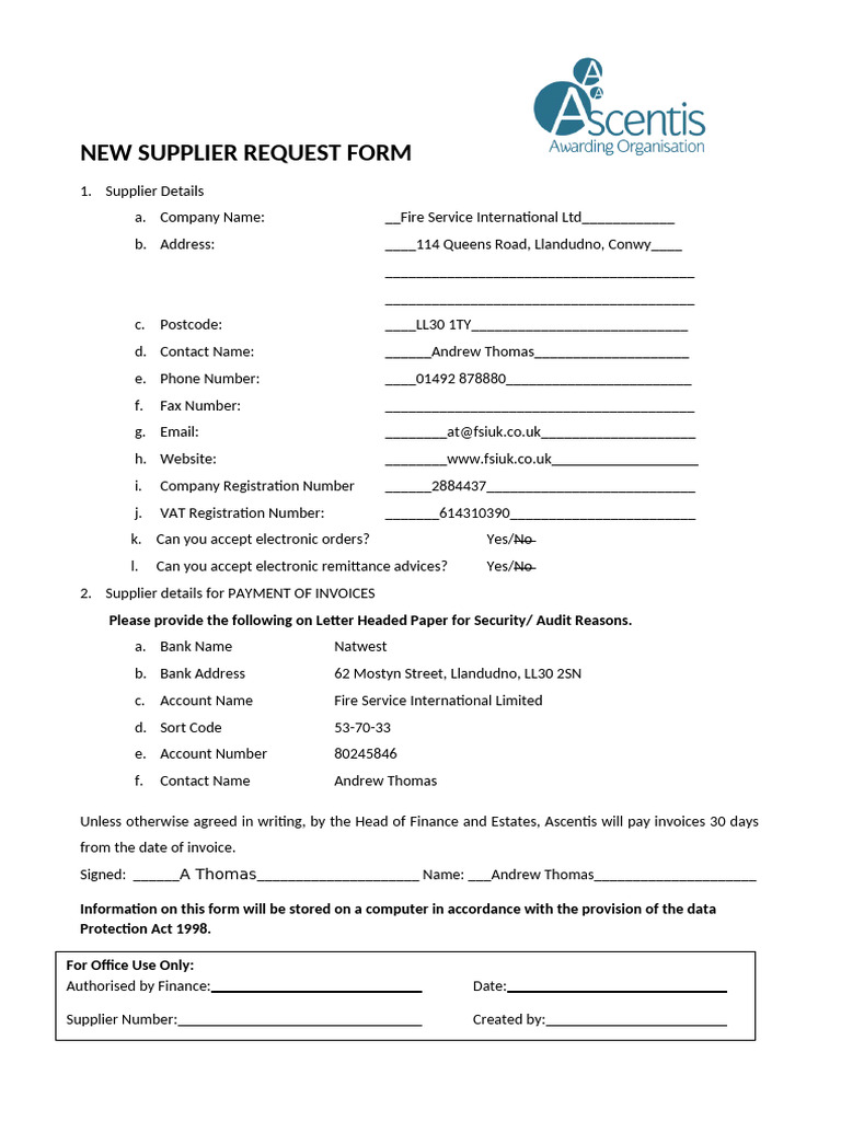 New Supplier Request Form | PDF