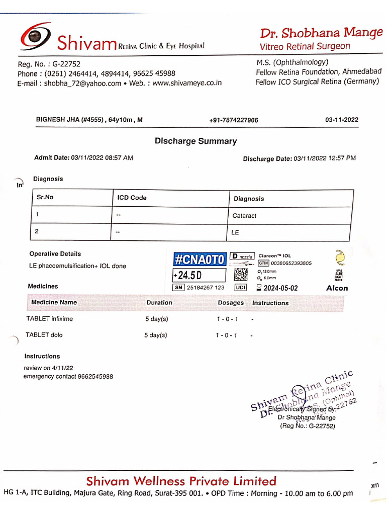 Bignesh Jha- Final Bill Discharge Summary | PDF