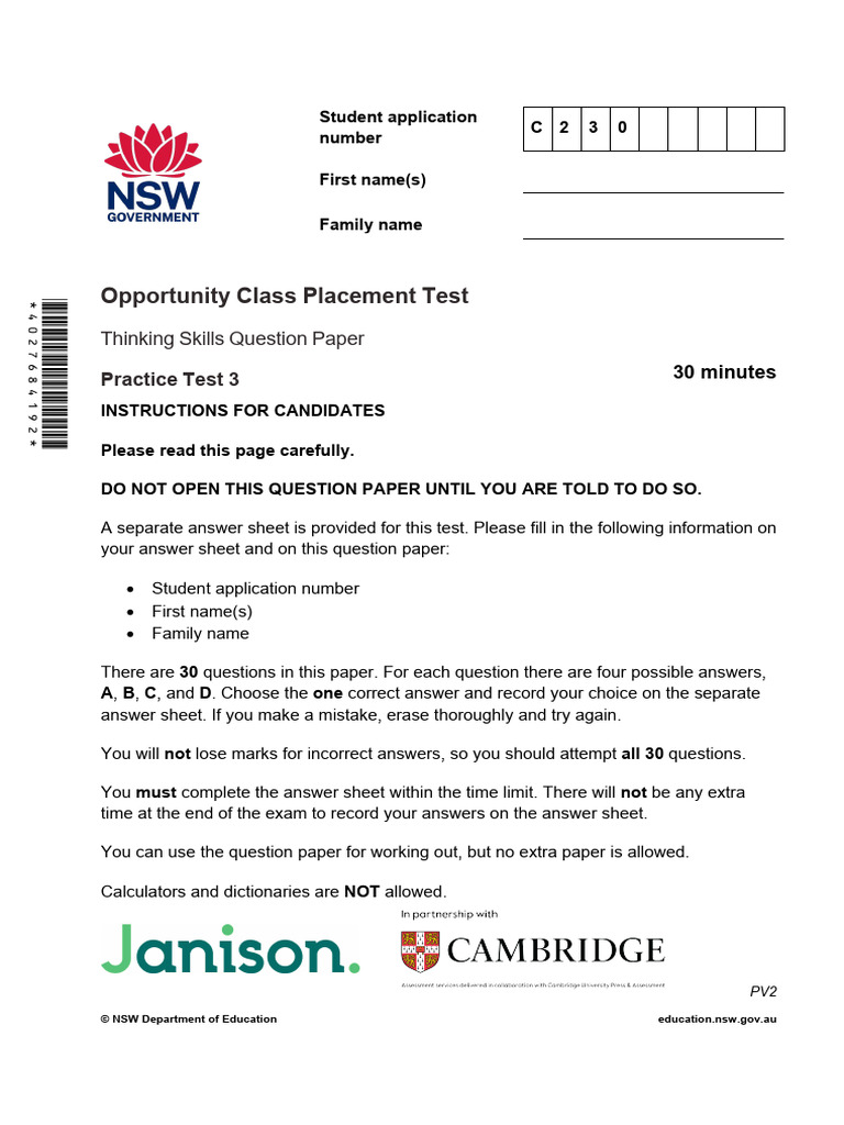 Opportunity Class Placement Test Practice | PDF | Sandwich