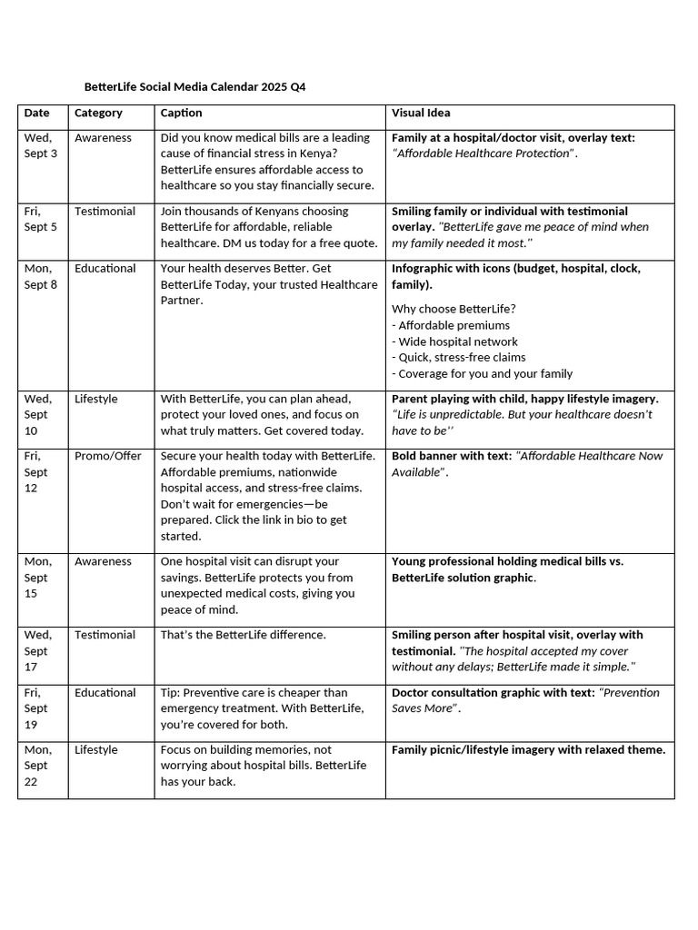 BetterLife Social Media Calendar 2025 Q4 | PDF | Preventive Healthcare ...
