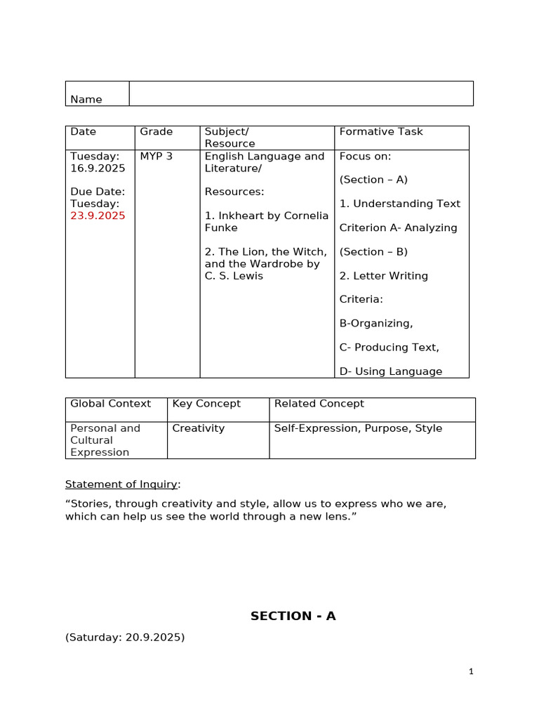 MYP 3 Unit 1 Formative Task Criteria A B C D Due Date Tuesday 23rd ...