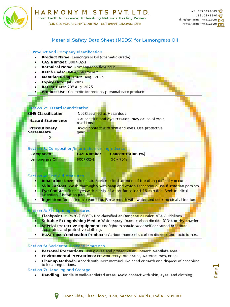 HMPL - Msds - Hmfa GMN Batch - Lemongrass Oil - 09-29-2025 | PDF ...