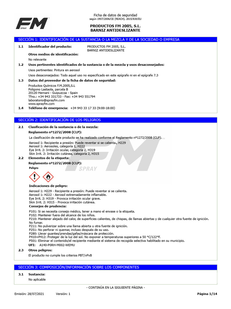 Ficha de Datos de Seguridad de 'Productos Fm 2005, s.l. - Barniz ...