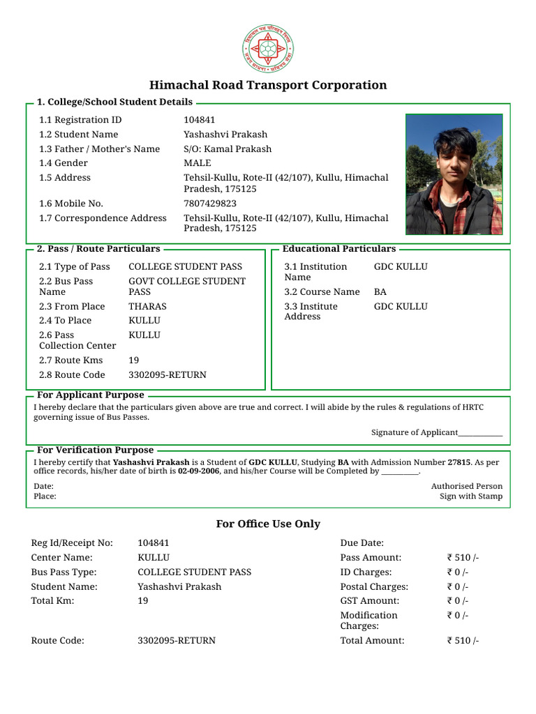 Kullu College Student Bus Pass Receipt | PDF | Transport | Bus Transport