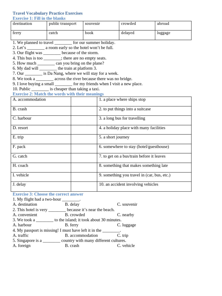 Travel Vocabulary Exercises for Beginners | PDF | Bus | Transport