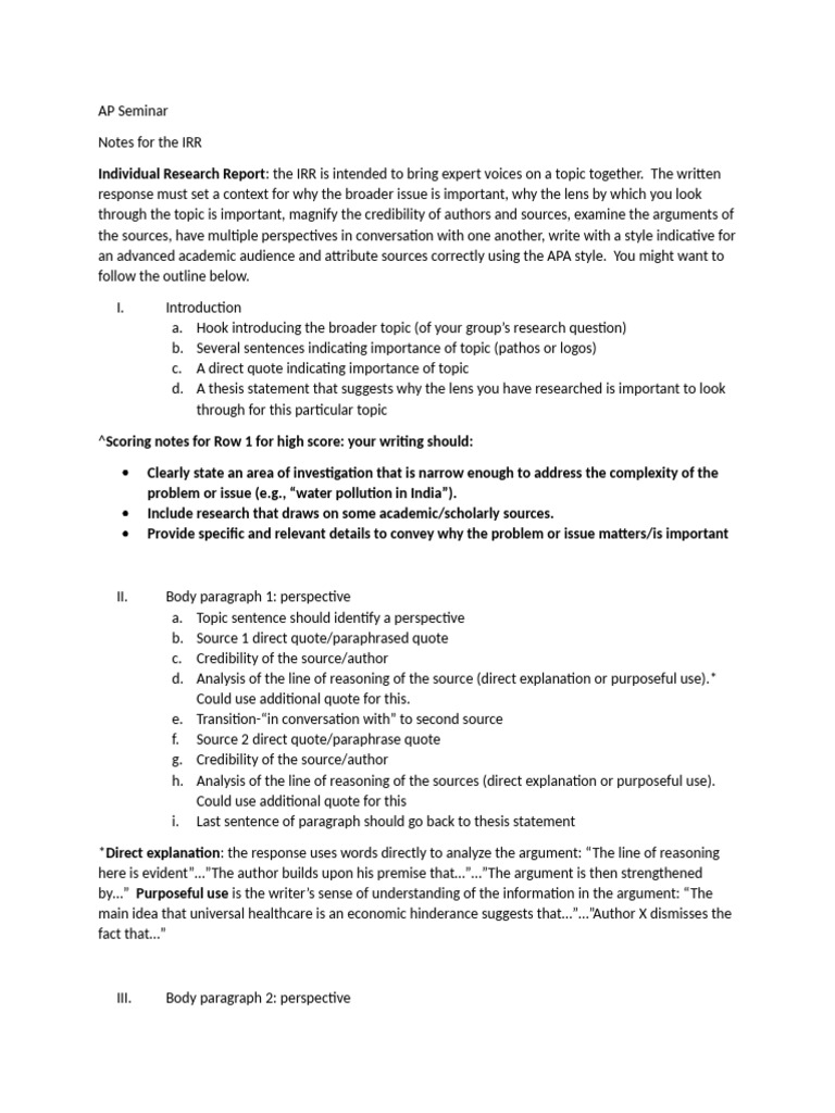 AP Seminar IRR Guidelines and Structure | PDF | Argument | Citation