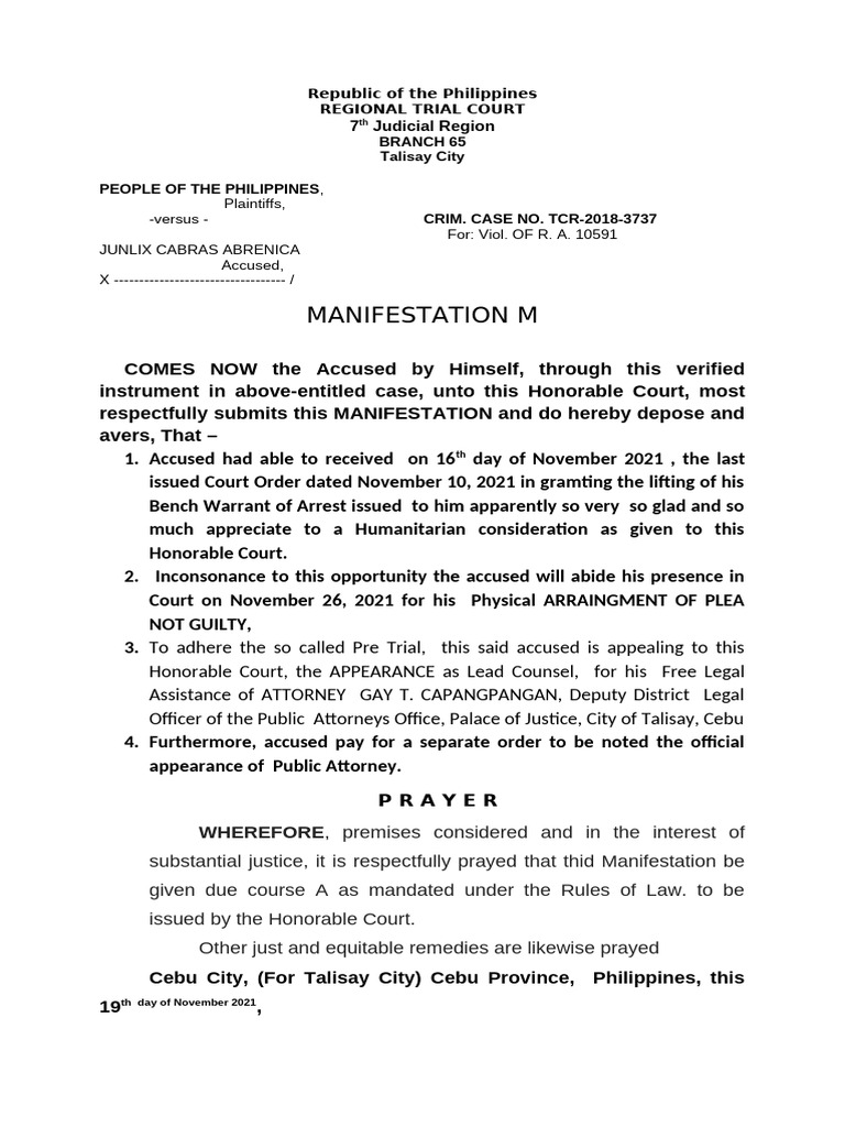 Motion to Lift Bench Warrant in Talisay Case | PDF | Arrest Warrant ...