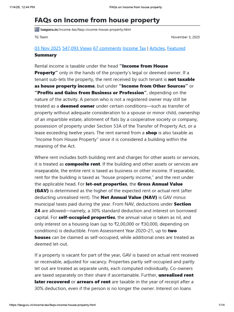 FAQs on Income from house property | PDF | Tax Deduction | Renting