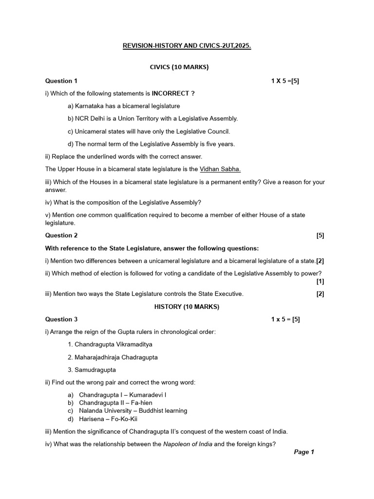 Civics and History Exam Questions 2025 | PDF | Government | Separation ...