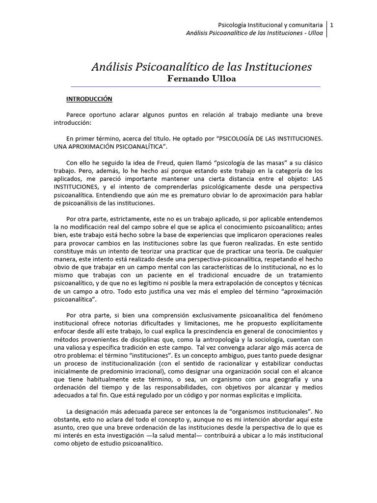 Análisis Psicoanalítico de Las Instituciones - Fernando Ulloa - 32 Págs ...