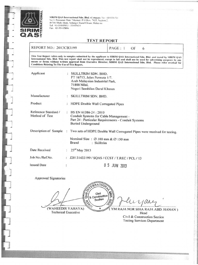 Skilltrim HDPE D.W. Corrugated Pipe Test Report | PDF