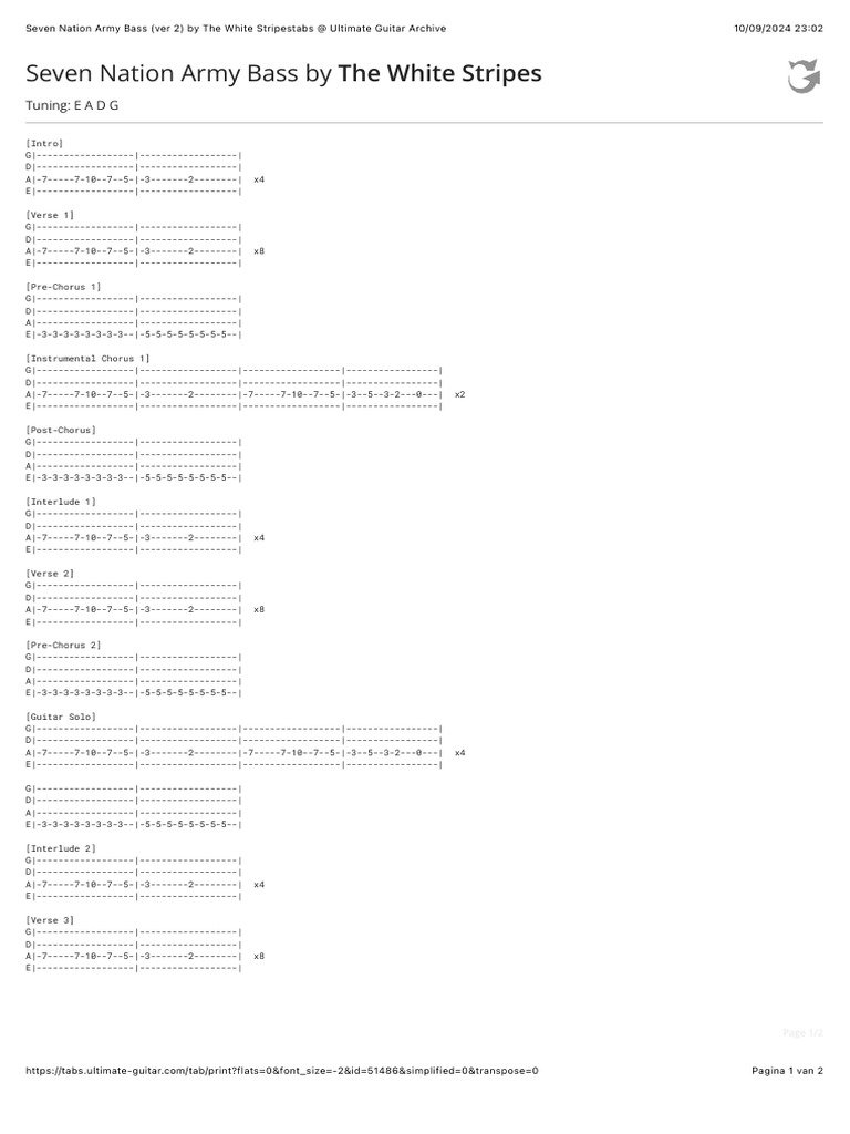 Seven Nation Army Bass Tab | PDF | Song Structure | Popular Music
