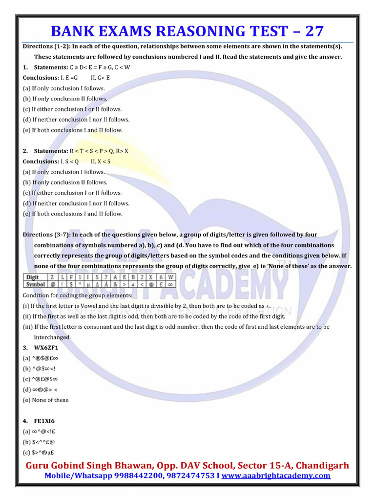 Bank Exams Reasoning Test - 27 | PDF
